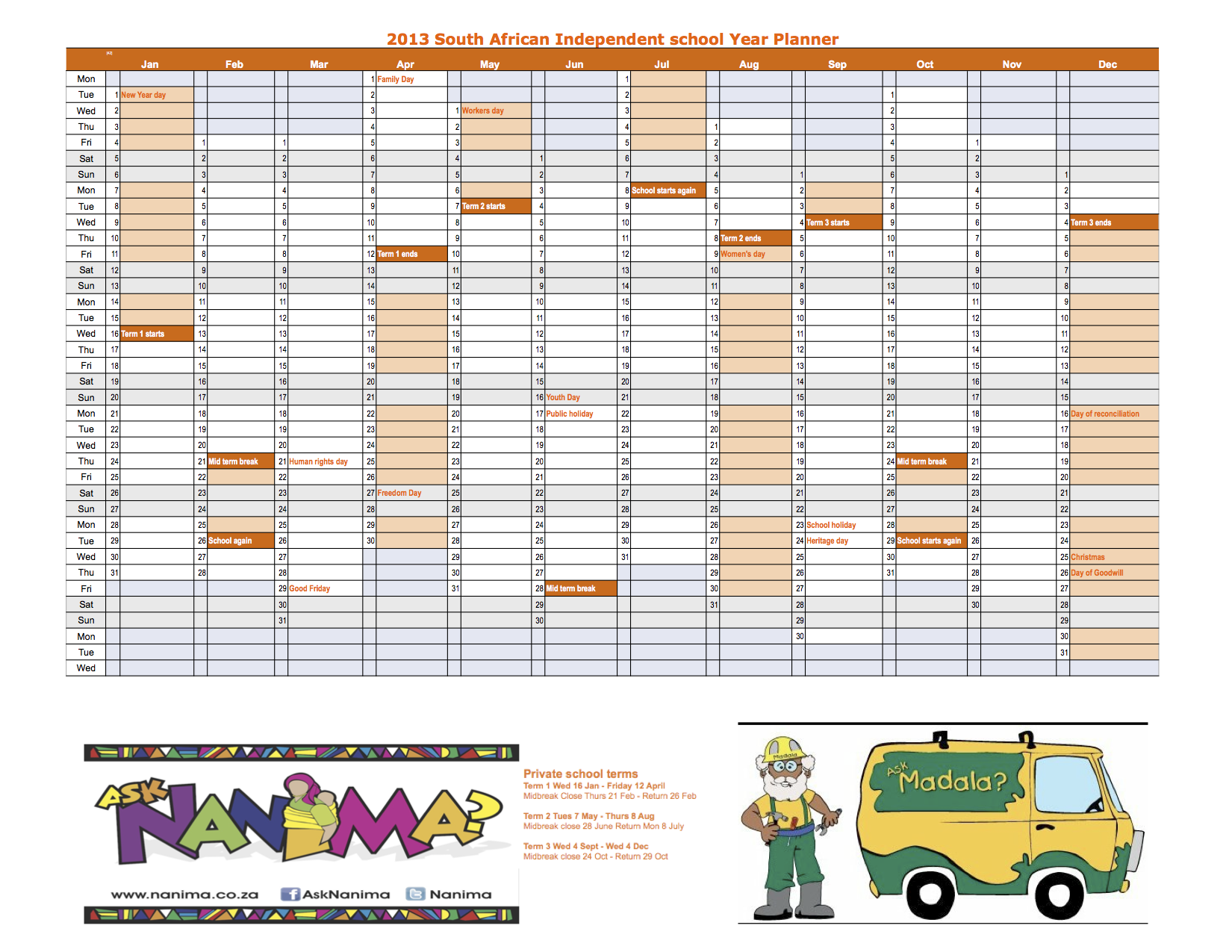South African School terms and holiday Calendar 2013 for Public and ...
